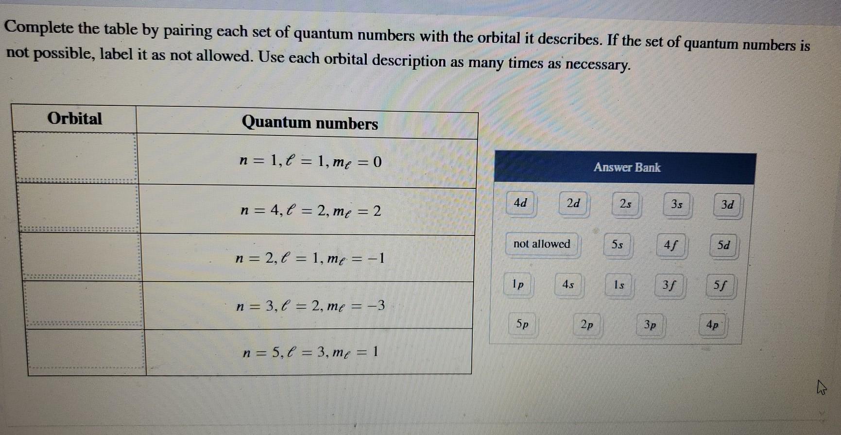Solved Complete the table by pairing each set of quantum | Chegg.com