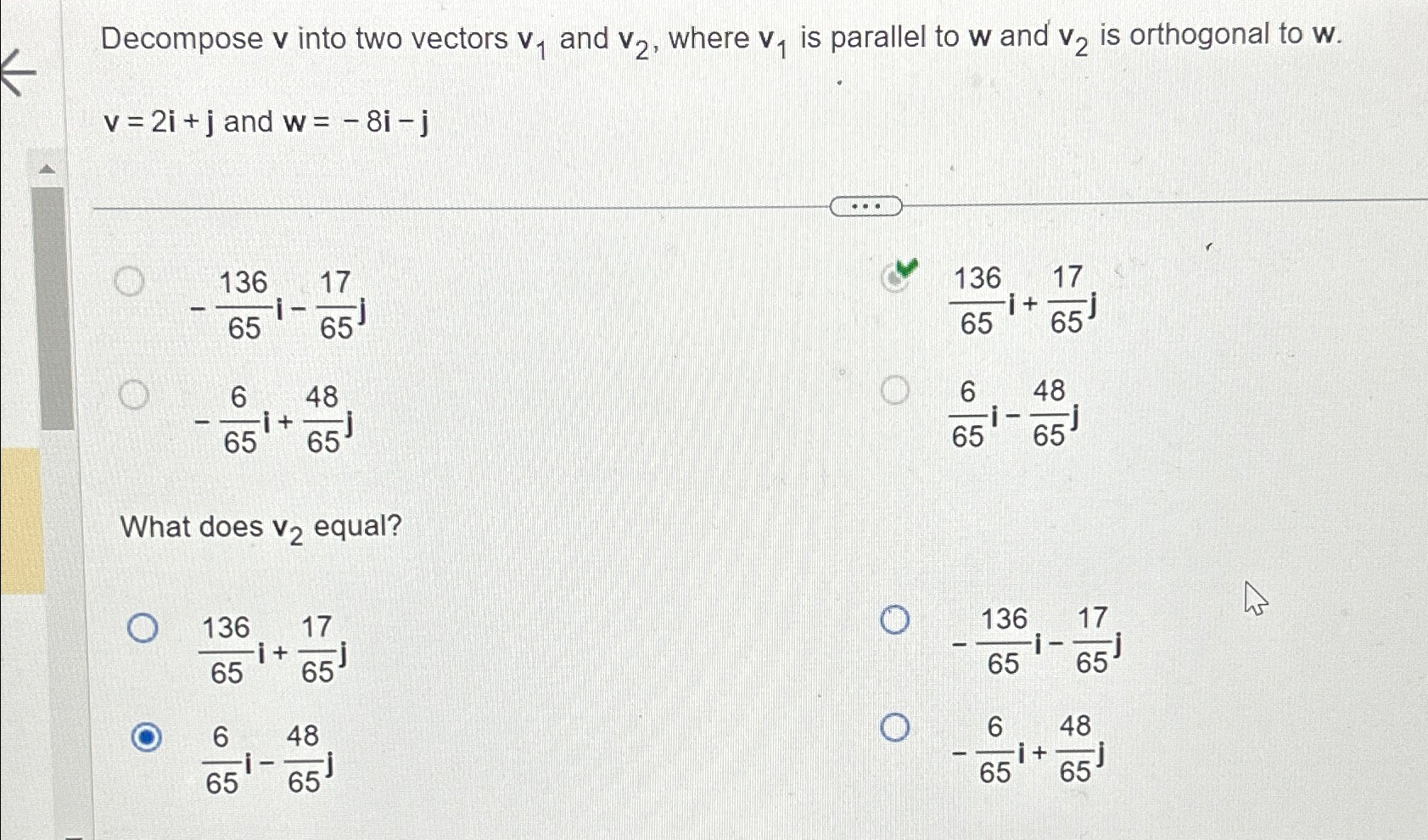 Solved Decompose v ﻿into two vectors v1 ﻿and v2, ﻿where v1 | Chegg.com