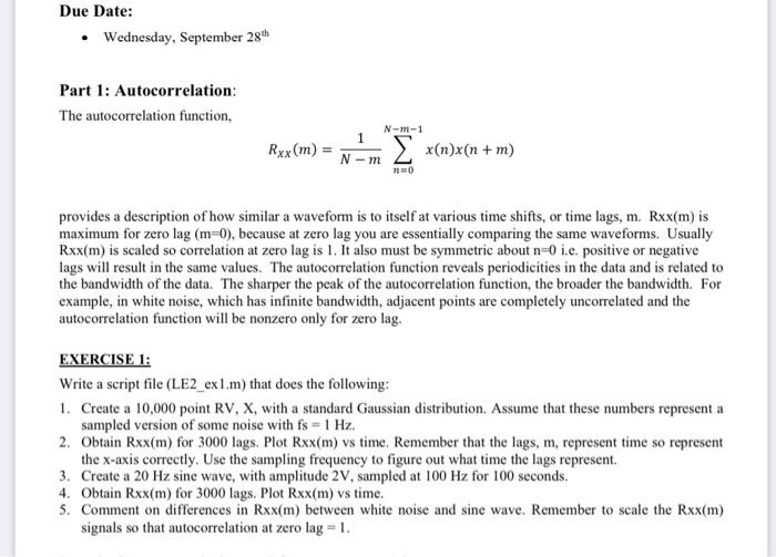 Due Date: - Wednesday, September 28th Part 1: | Chegg.com