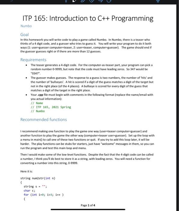Solved ITP 165: Introduction to C++ Programming Numbo Goal | Chegg.com