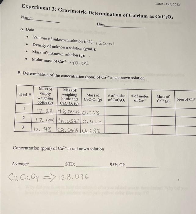 Solved Lab 43, Fall, 2022 Experiment 3: Gravimetric | Chegg.com