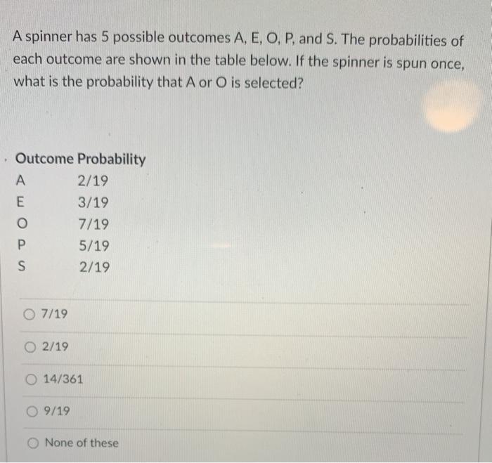 Solved A spinner has 5 possible outcomes A, E, O, P, and S. | Chegg.com