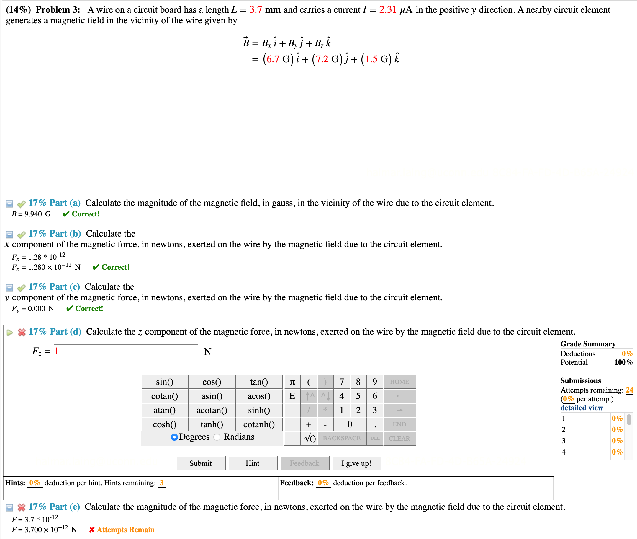 Solved ANSWER FOR PART D & E(14%) ﻿Problem 3: A wire on a | Chegg.com