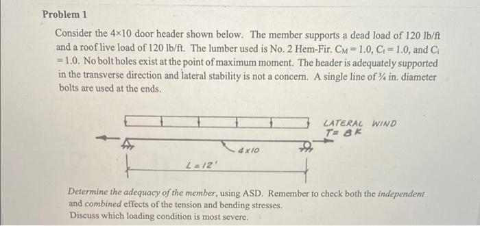 Solved Problem 1 Consider the 4x10 door header shown below. | Chegg.com