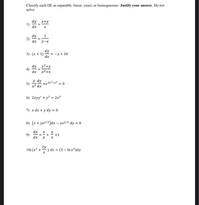 Solved Classify each DE as separable, linear, exact, or | Chegg.com