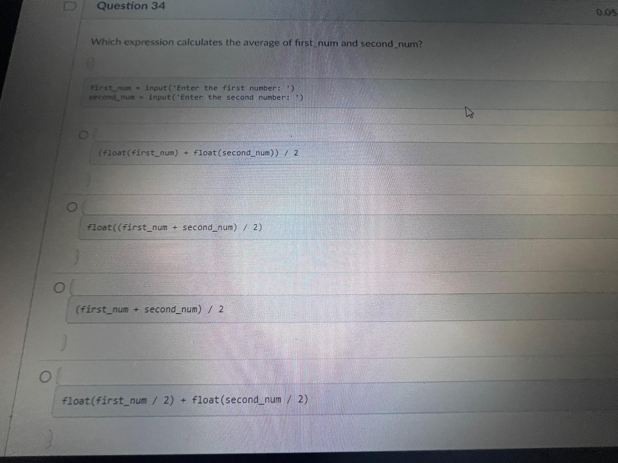 Solved Question 34Which expression calculates the average of | Chegg.com