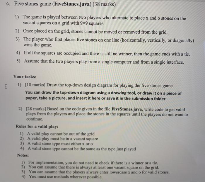 c. Five stones game (FiveStones.java) (38 marks) 1) | Chegg.com
