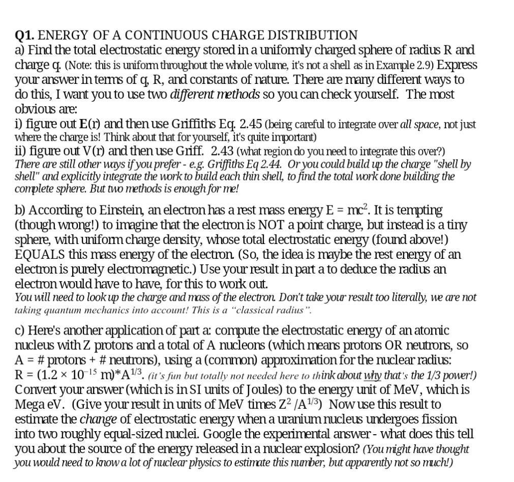 Solved Q1. ENERGY OF A CONTINUOUS CHARGE DISTRIBUTION a) | Chegg.com