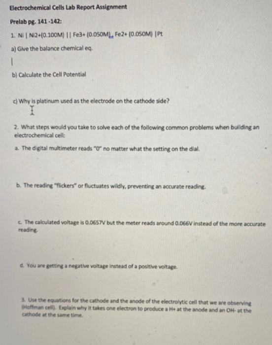 Solved Electrochemical Cells Lab Report Assignment Prelab | Chegg.com