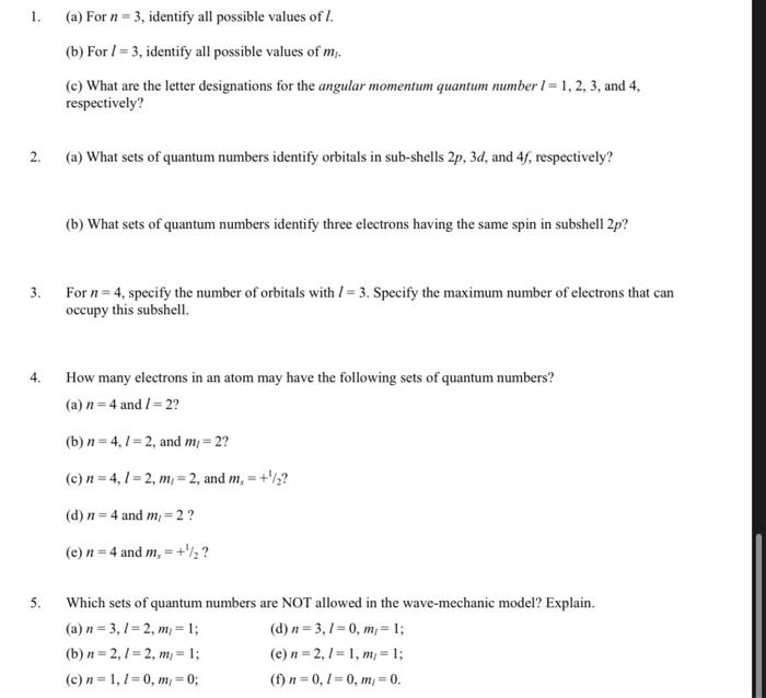 Solved 1. (a) For n=3, identify all possible values of l. | Chegg.com Solved 1. (a) For n=3, identify all possible values of l. | Chegg.com