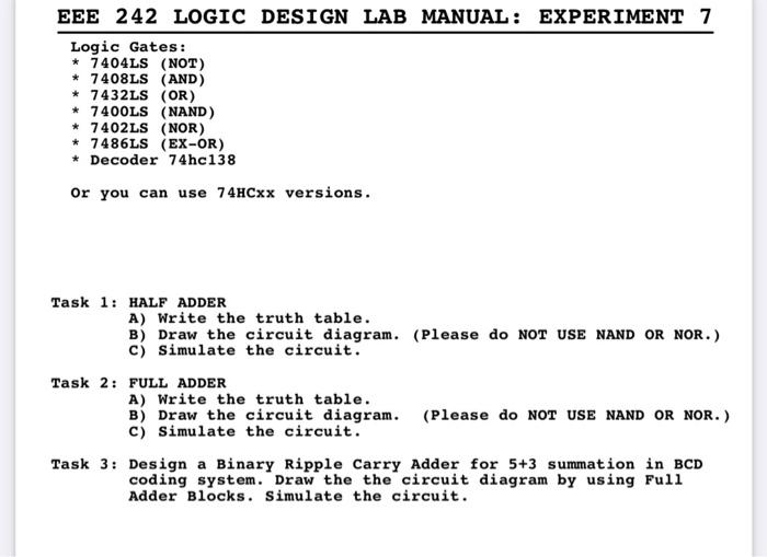 Solved EEE 242 LOGIC DESIGN LAB MANUAL: EXPERIMENT 7 Logic | Chegg.com