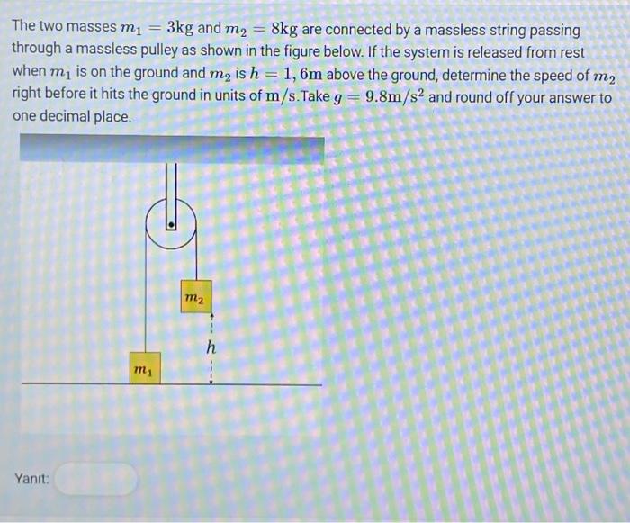 Solved The two masses m1=3 kg and m2=8 kg are connected by a | Chegg.com