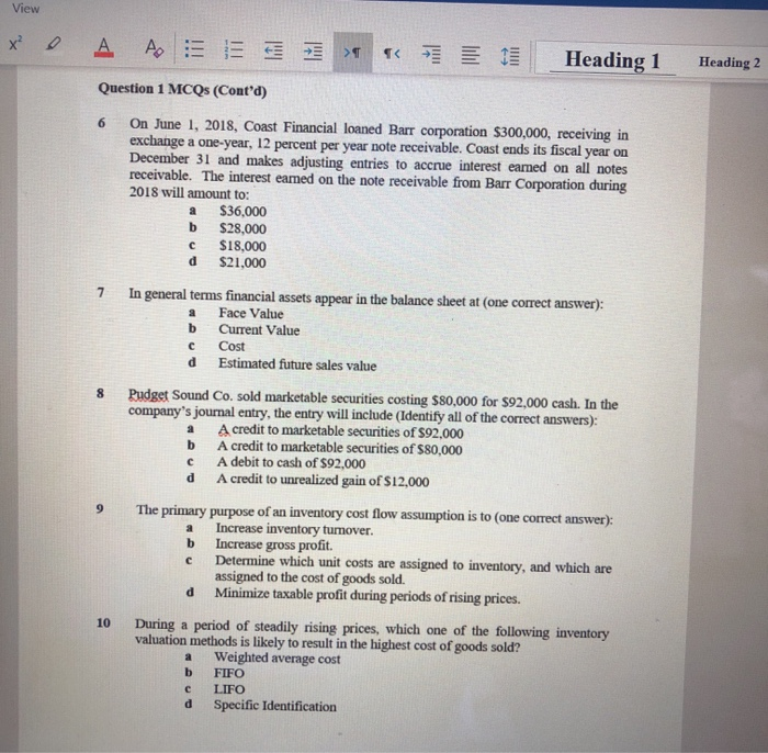 Solved View x 2 А A. > Heading 1 Heading 2 Question 1 MCQs | Chegg.com