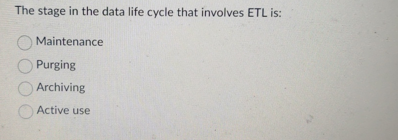 Solved The stage in the data life cycle that involves ETL | Chegg.com