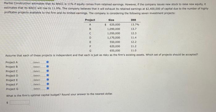 Solved Marble Construction estimates that its WACC is 11% if | Chegg.com