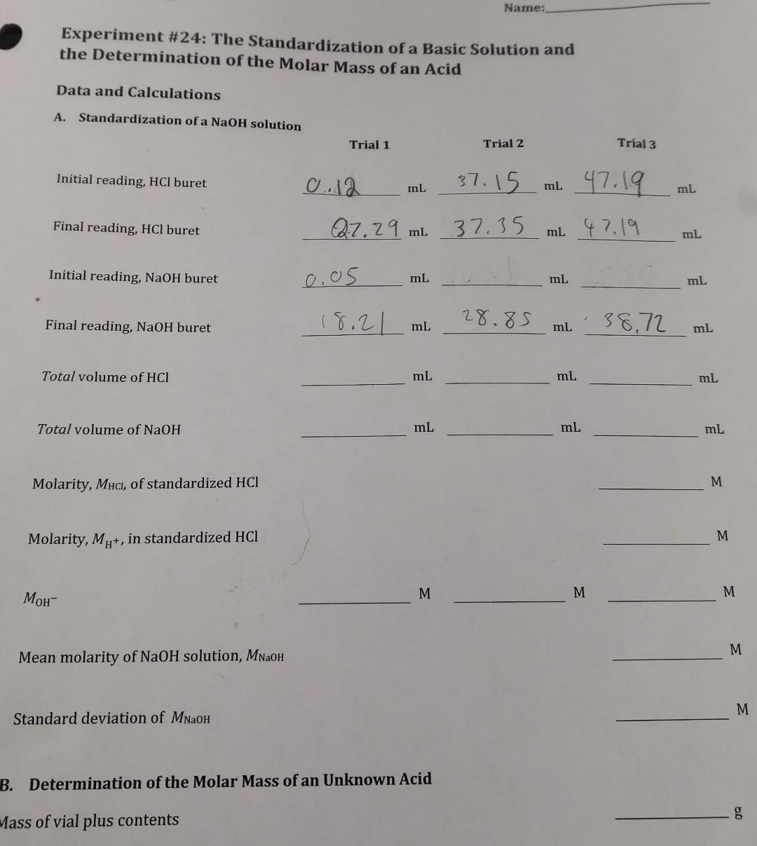 Solved Experiment #24: The Standardization of a Basic | Chegg.com