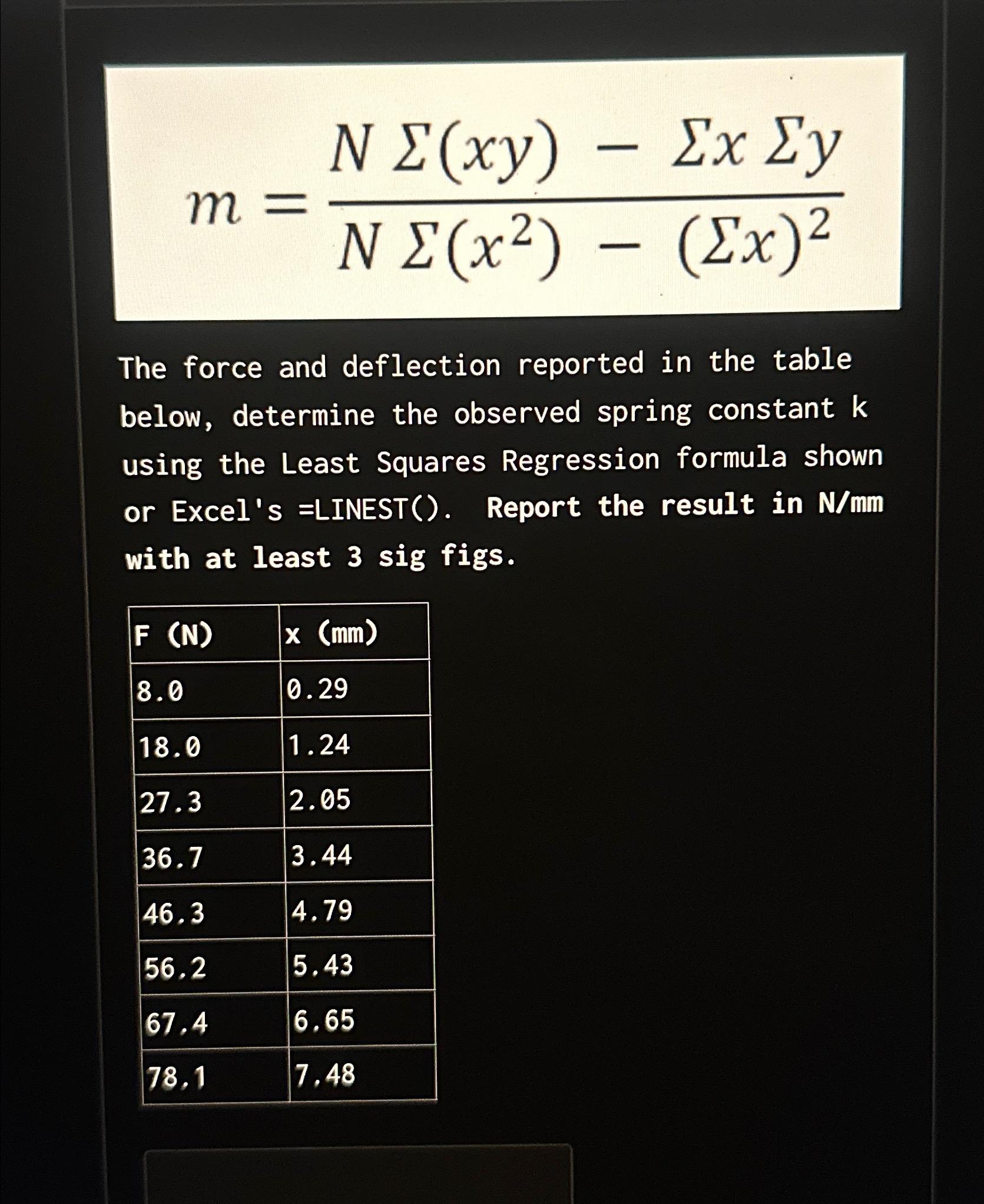 Solved m=NΣ(xy)-∑??xΣyN∑??(x2)-(Σx)2The force and deflection | Chegg.com