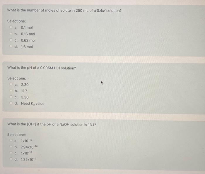 Solved what is the number of moles of solute in 250mL of a | Chegg.com