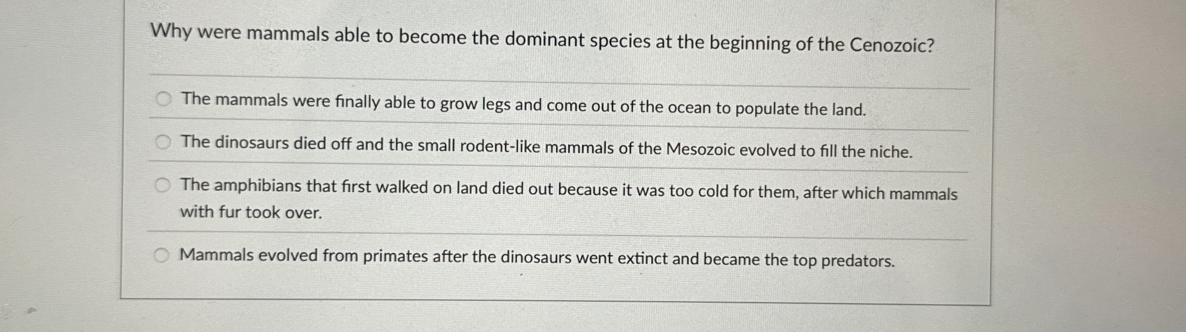 Solved Why were mammals able to become the dominant species | Chegg.com