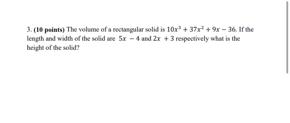 Solved (10 ﻿points) ﻿The volume of a rectangular solid is | Chegg.com