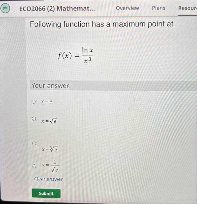Solved Following function has a maximum point at f(x)=x3lnx | Chegg.com