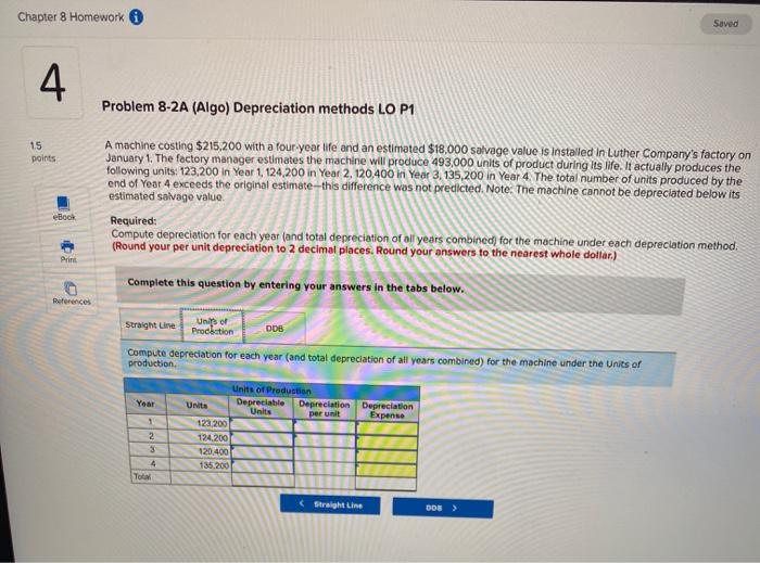 Solved Chapter 8 Homework Saved 4 Problem 8-2A (Algo) | Chegg.com