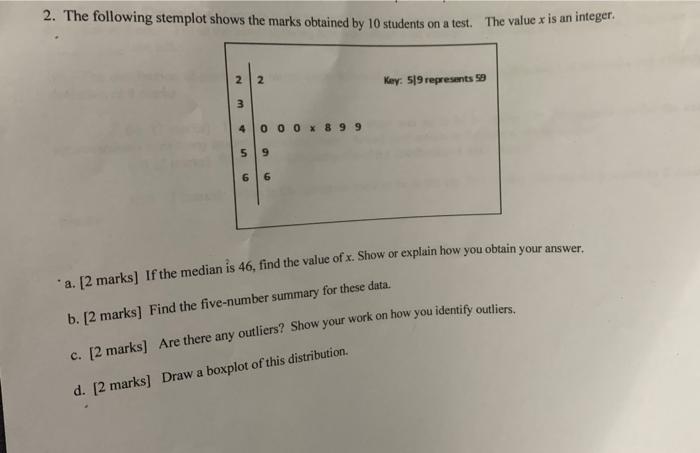 Solved 2. The following stemplot shows the marks obtained by | Chegg.com
