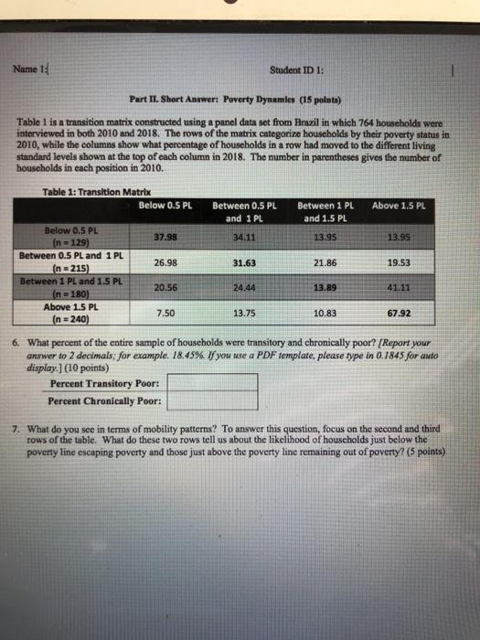 Name 1: Student ID 1: 13.95 Part II Short Answer: | Chegg.com