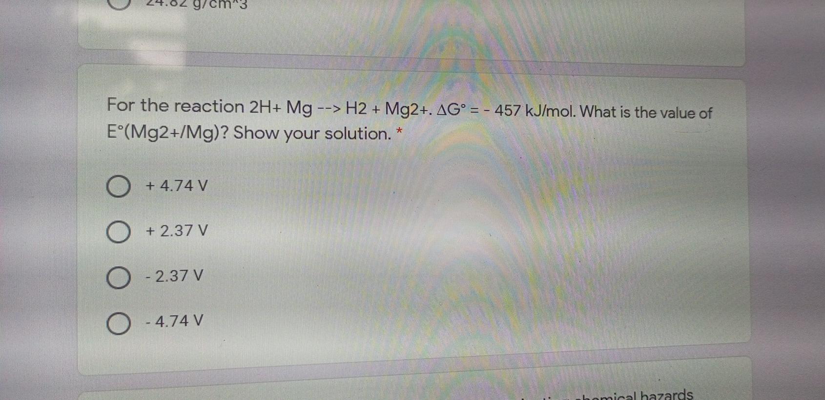 Solved For the reaction 2H+ Mg --> H2 + Mg2+. AG° = - 457 | Chegg.com