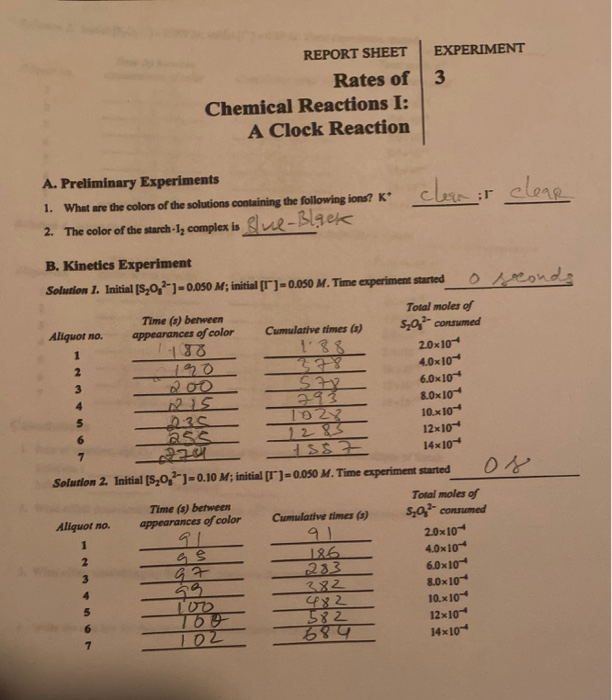 EXPERIMENT 3 REPORT SHEET Rates of Chemical Reactions | Chegg.com