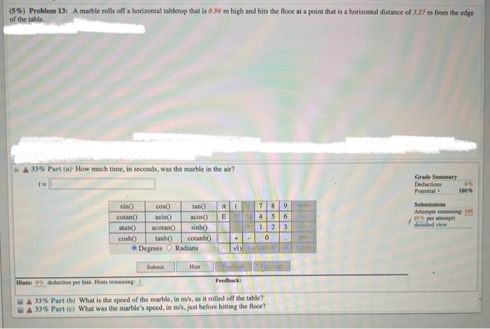 Solved (5\%) Problem 13: A marble rolls off a horizontal | Chegg.com