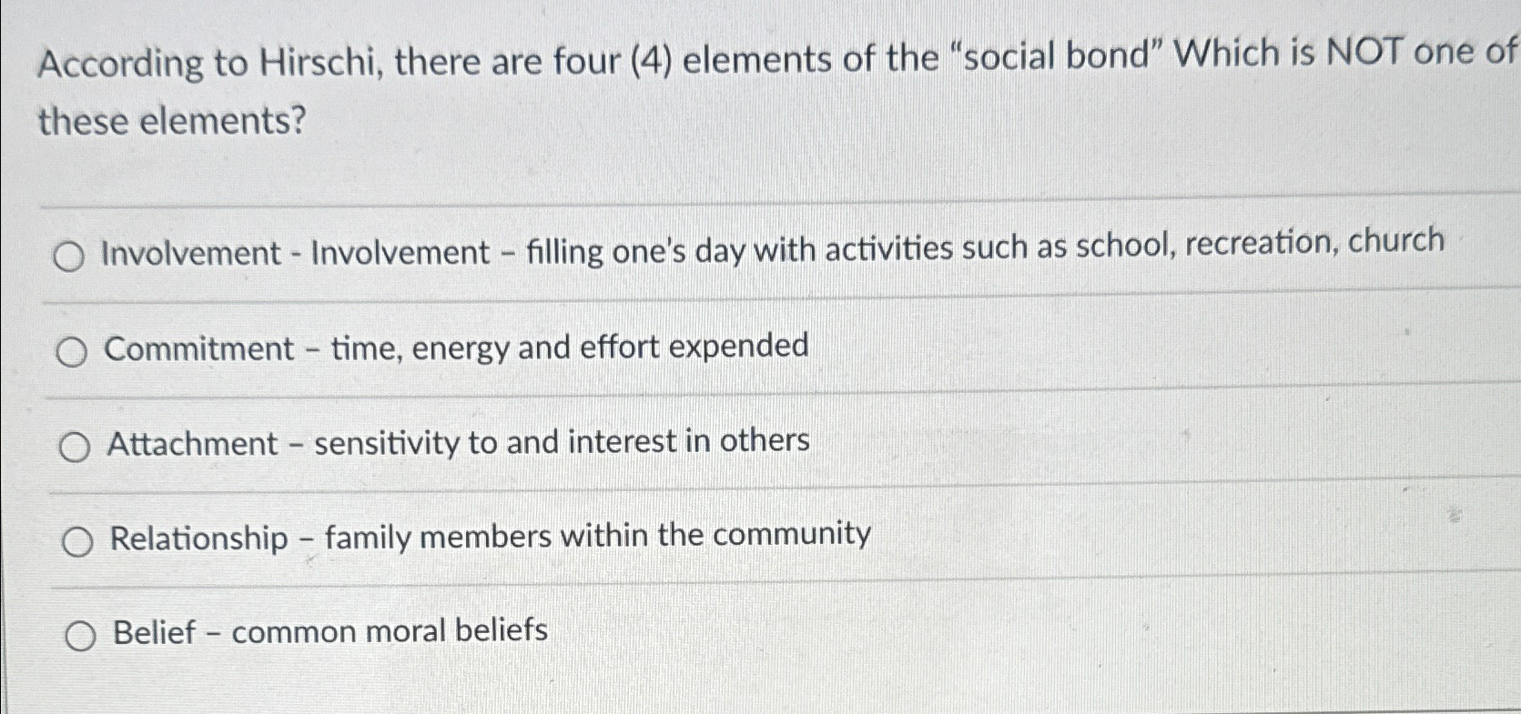 Solved According to Hirschi, there are four (4) ﻿elements of | Chegg.com