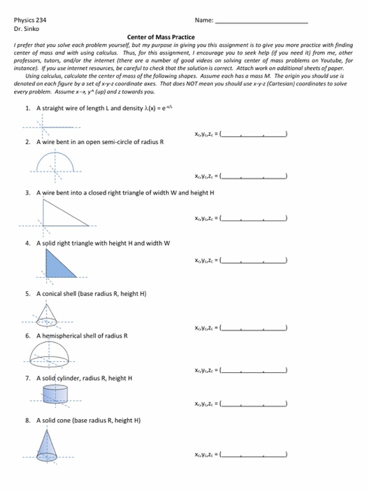 Solved Physics 234 Name: Dr. Sinko Center of Mass Practice | Chegg.com