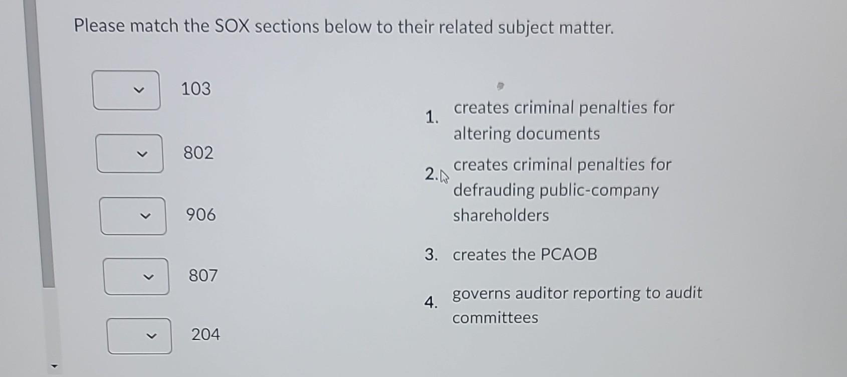 Solved Please match the SOX sections below to their related | Chegg.com