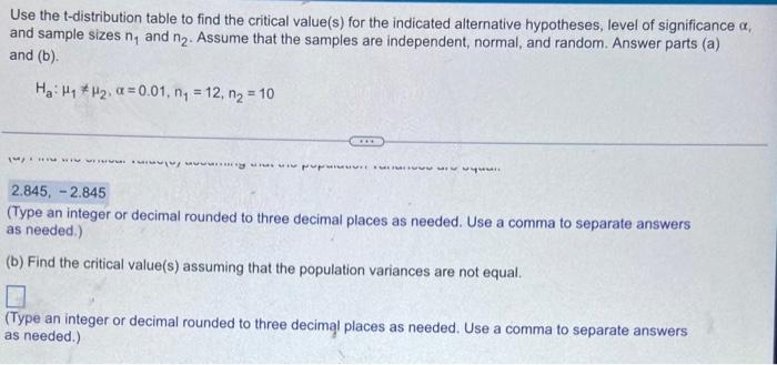 Solved Use the t-distribution table to find the critical | Chegg.com