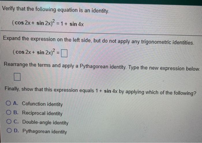Solved Verify that the following equation is an identity. | Chegg.com