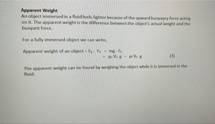 Solved Apparent Weight An object immersed in a fluid feels | Chegg.com