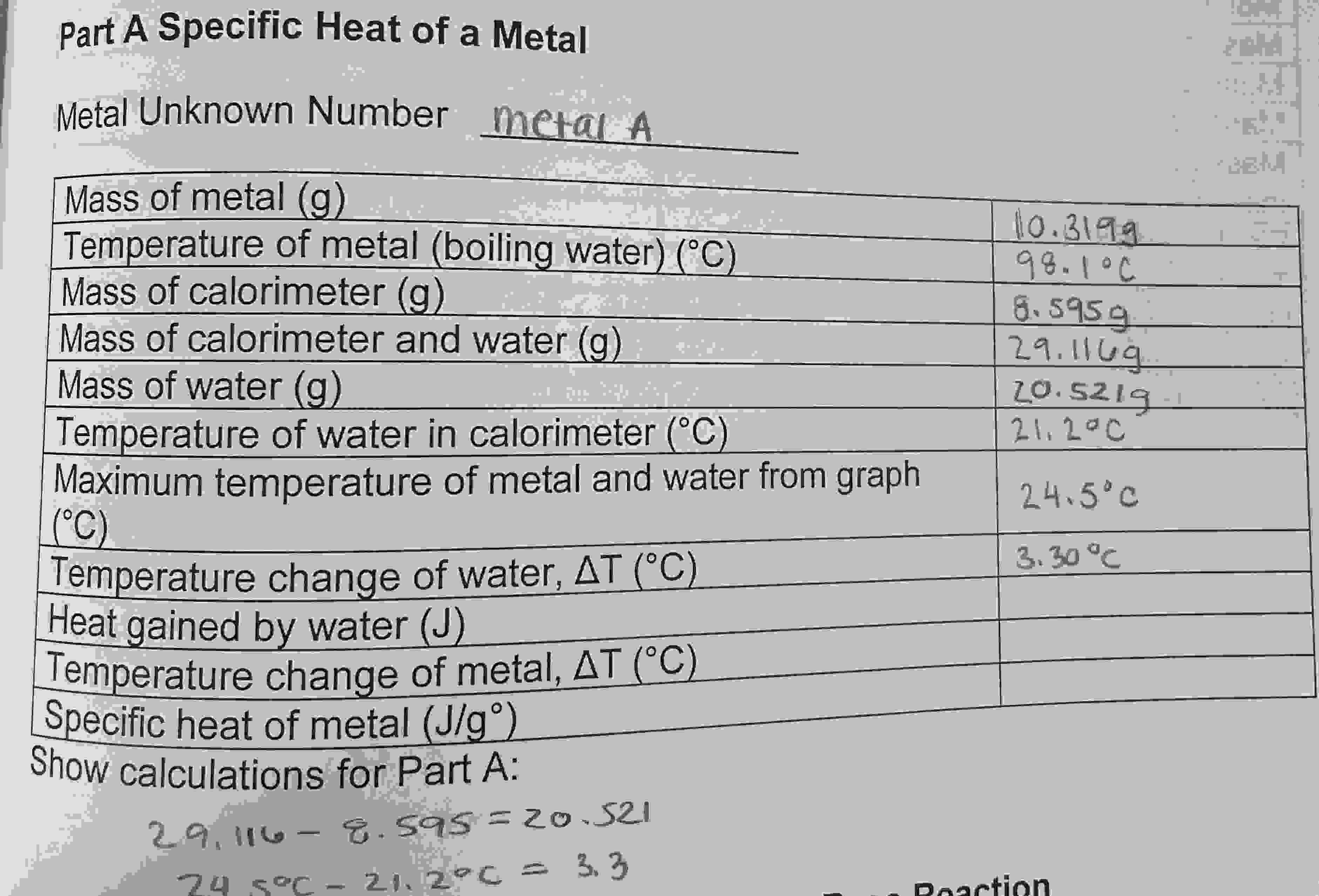 Solved Part A Specific Heat of a MetalMetal Unknown Number | Chegg.com