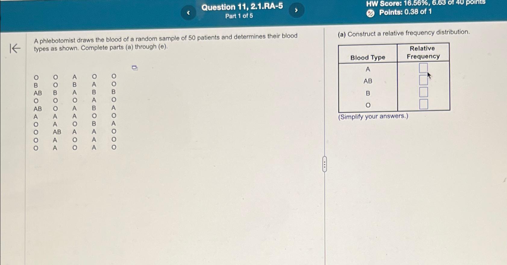 Solved Question 11, 2.1.RA-5\\nHW Score: 16.56%,6.63 of 40 | Chegg.com