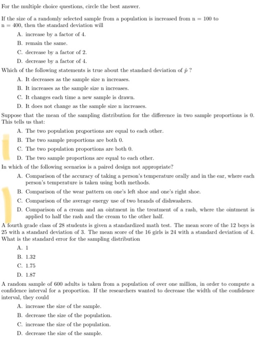 Solved For the multiple choice questions, circle the best | Chegg.com