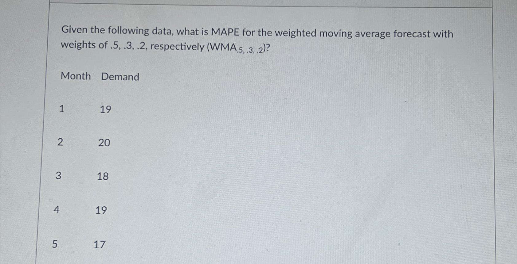 Solved Given the following data, what is MAPE for the | Chegg.com