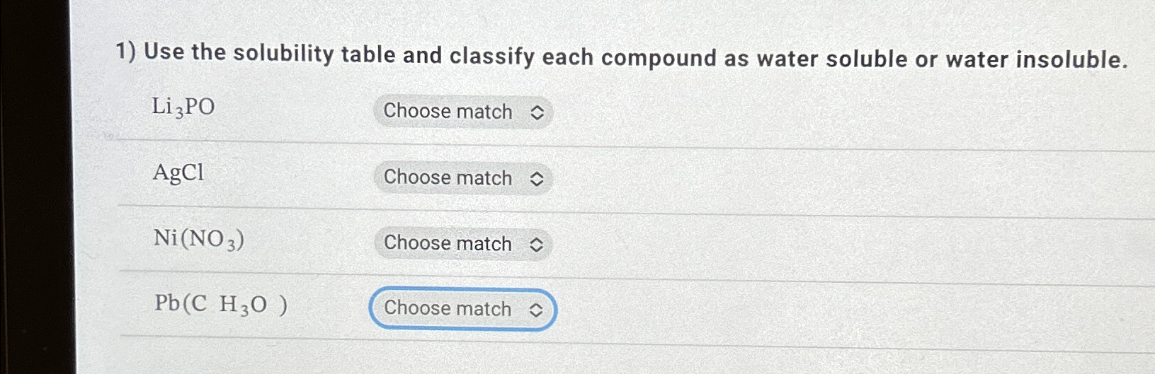 Solved Use the solubility table and classify each compound | Chegg.com