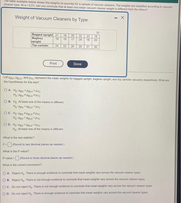 Solved cleaner type. At is below shows the weights (in | Chegg.com