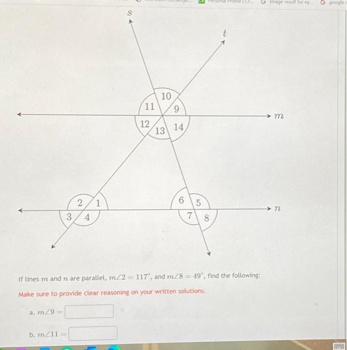 Solved If lines m and n are parallel, m∠2=117∘, and m∠8=49∘, | Chegg.com