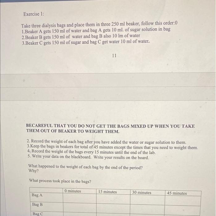 Exercise 1: Take three dialysis bags and place them | Chegg.com