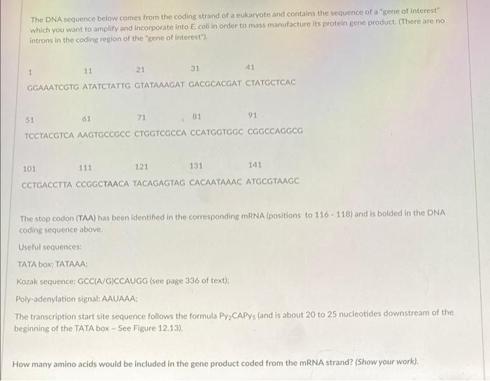 Solved The DNA sequence below comes from the coding strand | Chegg.com