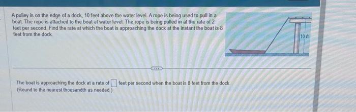 Solved A pulley is on the edge of a dock. 10 feet above the | Chegg.com