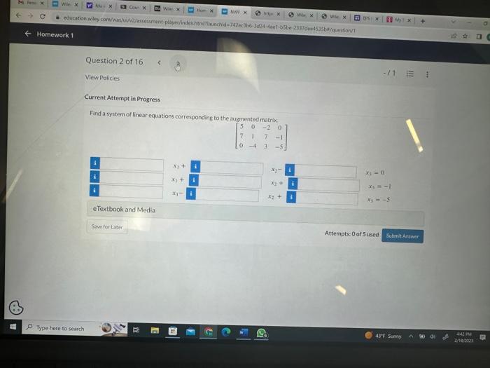 Solved Find a system of linear equations corresponding to | Chegg.com