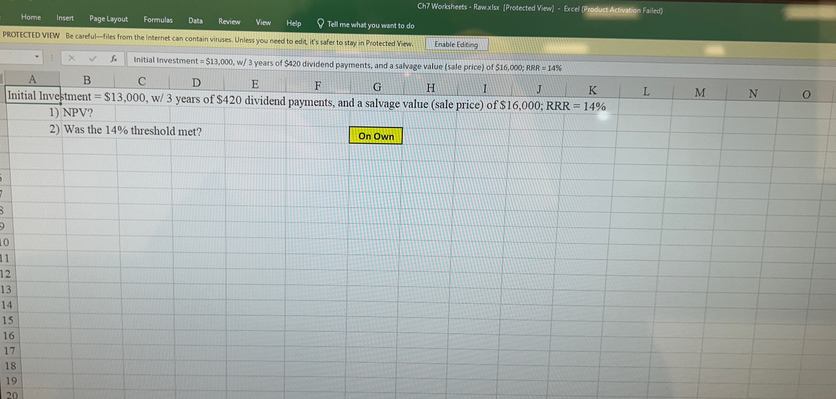 Solved Ch7 ﻿Worksheets - ﻿Raw.xlsx [Protected View] - ﻿Excel | Chegg.com