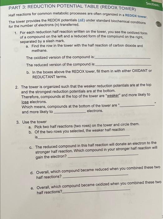 Solved Section: PART 3: REDUCTION POTENTIAL TABLE (REDOX | Chegg.com
